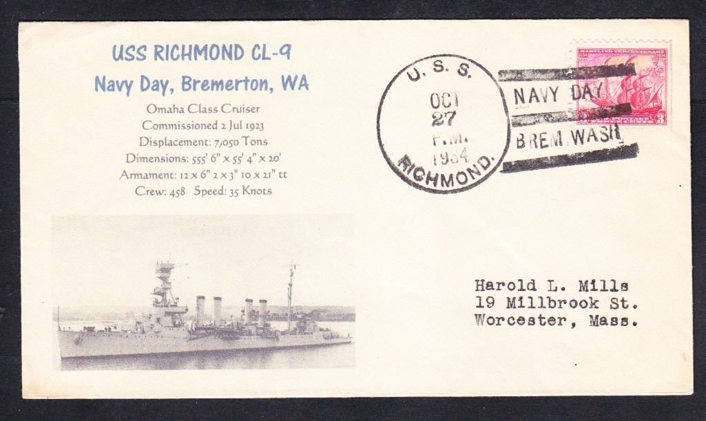 Cruiser USS RICHMOND CL-9 Navy Day 1934 Naval Cover MhCachets Only 1 Made