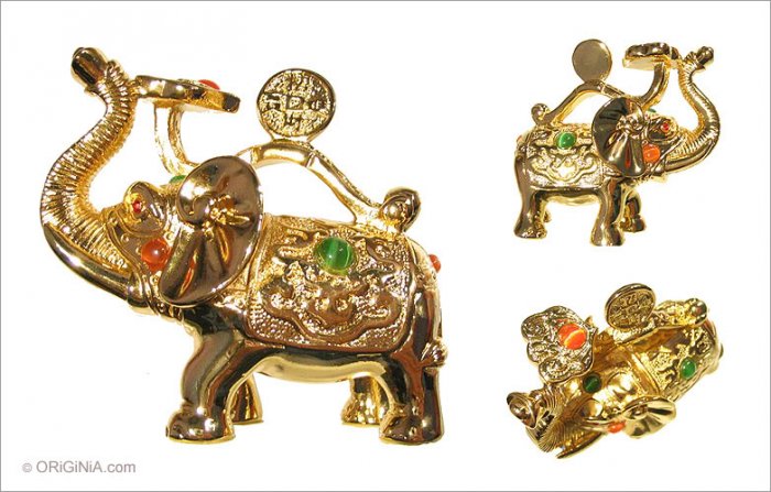 Golden Brass Elephant with Ruyi Feng Shui Statue Asian