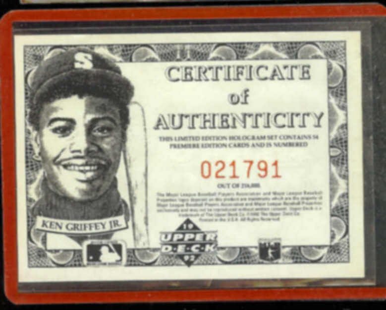 Ken Griffey Jr 1992 Upper Deck Certificate Of Authenticity 021791