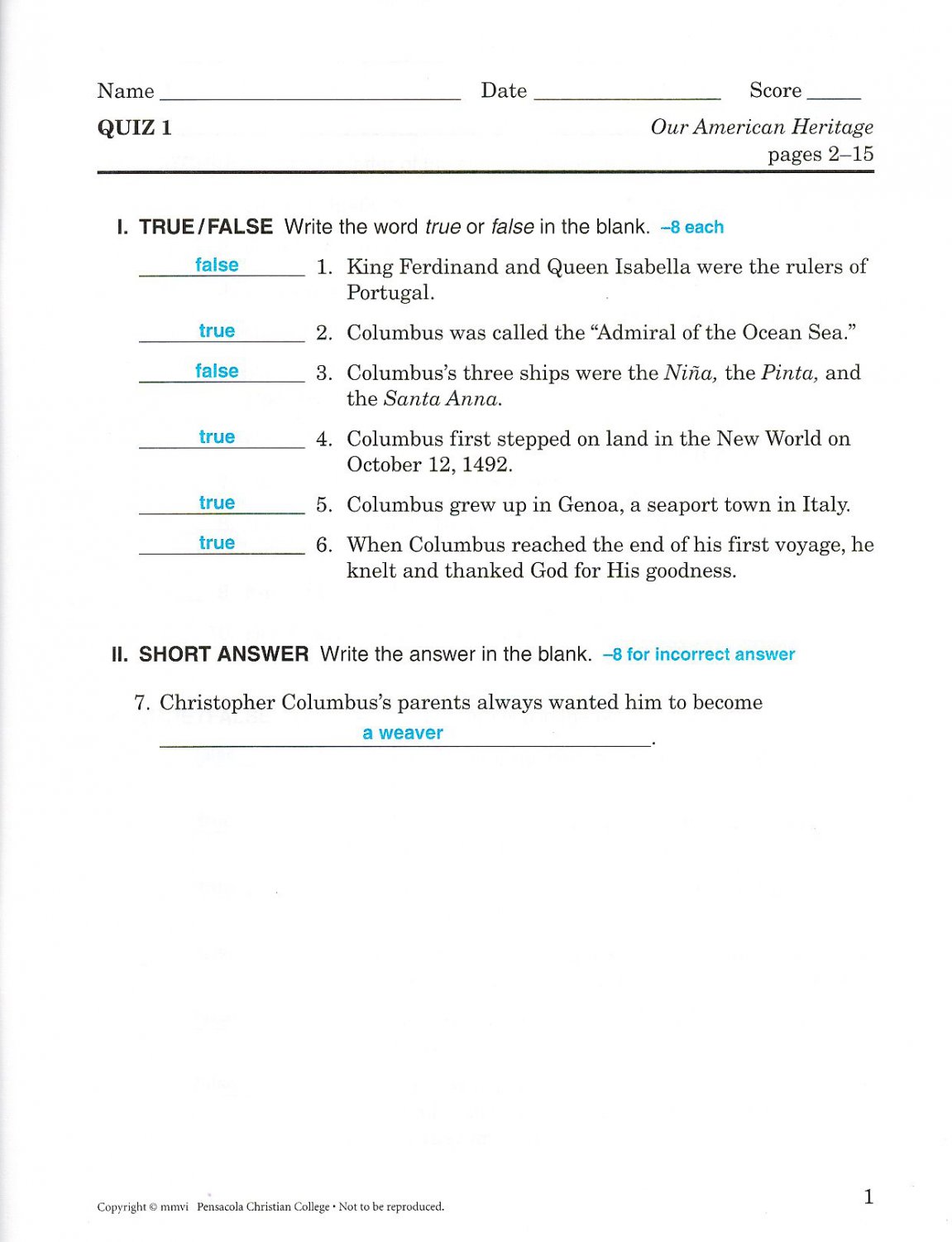 Our American Heritage Quizzes And Tests Key Grade 3 Fourth Edition ...