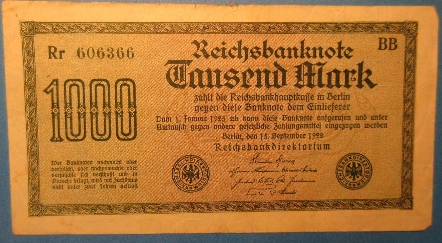 Germany 1000 1922 Reichsbanknote 606366