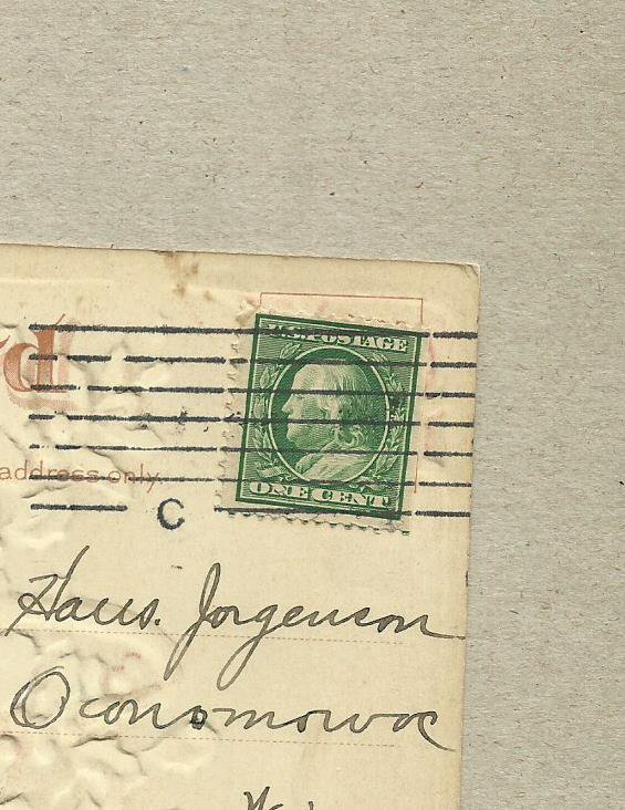 VINTAGE 1909 EMBOSSED CHRISTMAS POSTCARD WITH ONE CENT UNITED STATES STAMP