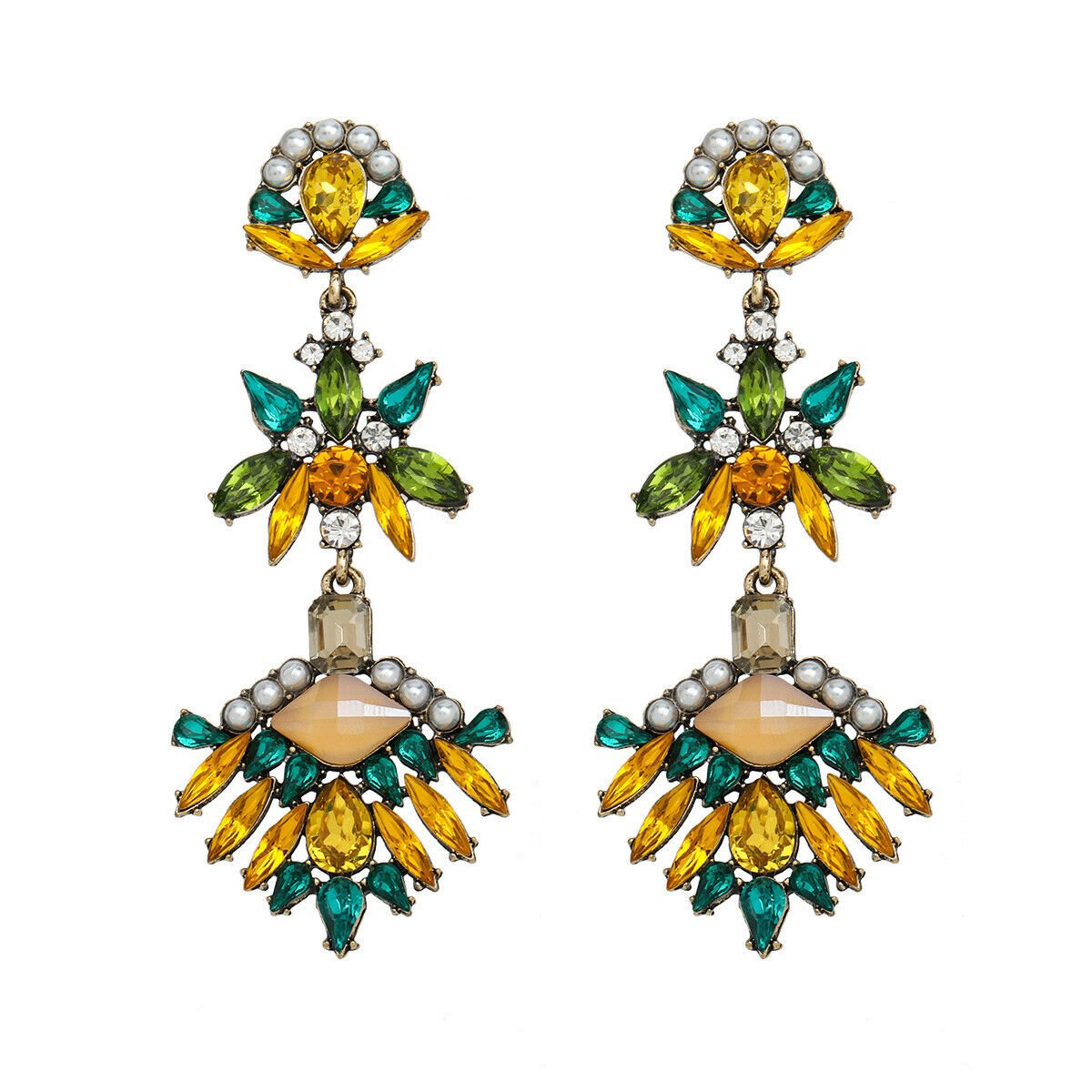 Massive Aztec Mayan Ethnic Long Flower Crystal Earrings Design-Yellow ...