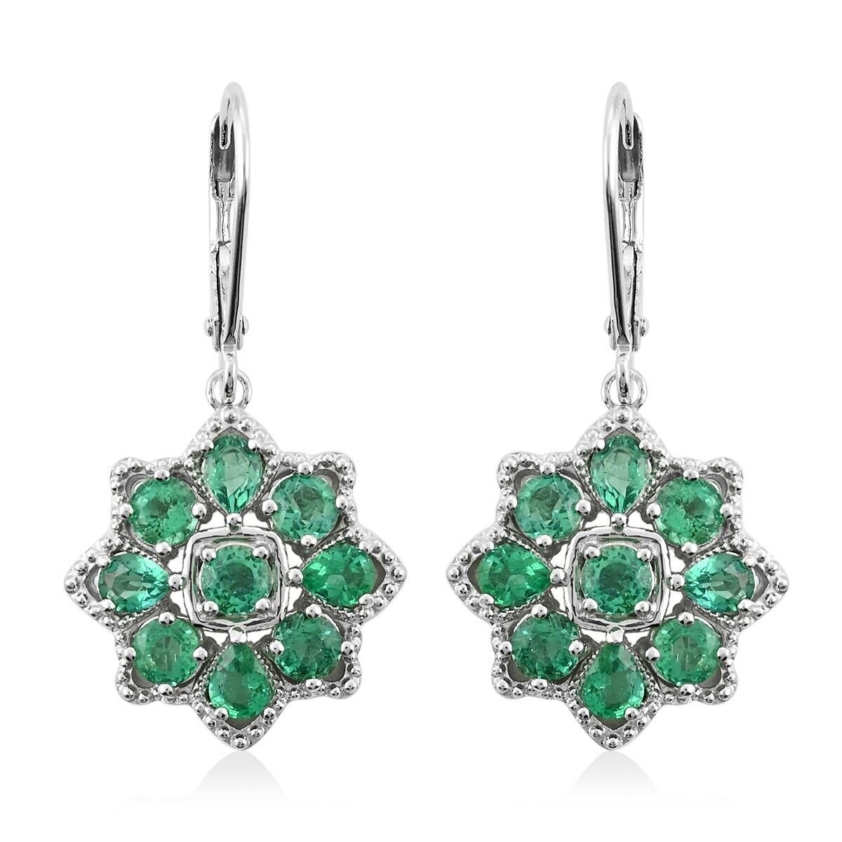 2.90 ctw AAA Kagem Zambian Green Emerald Flower Dangle Earrings 925 Silver
