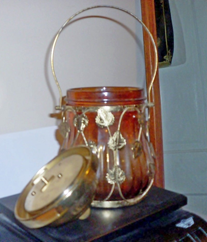 Unique Amber Glass and Brass Jar Music Box Lid Plays Love Story #400006