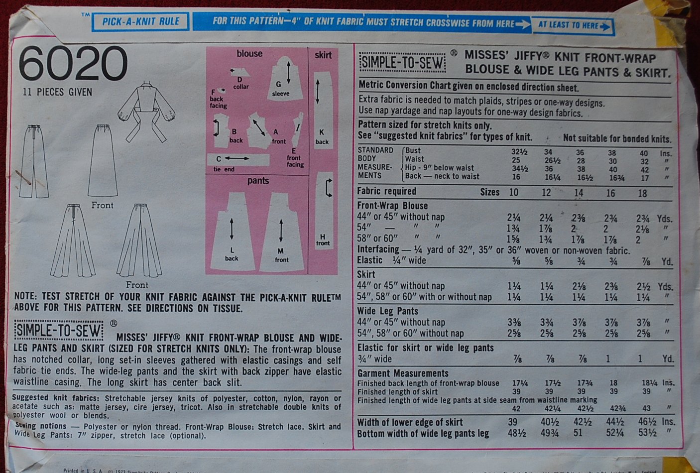 Simplicity 6020 vintage 1973 pattern blouse, palazzo pants, skirt bust ...