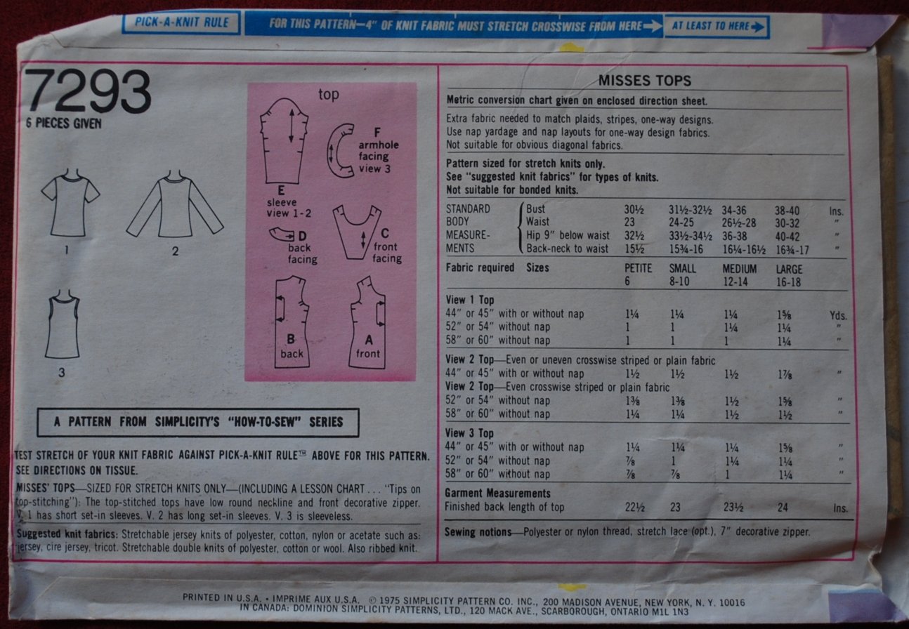Simplicity 7293 vintage 1975 How To Sew Pattern. Knit shirts, medium ...