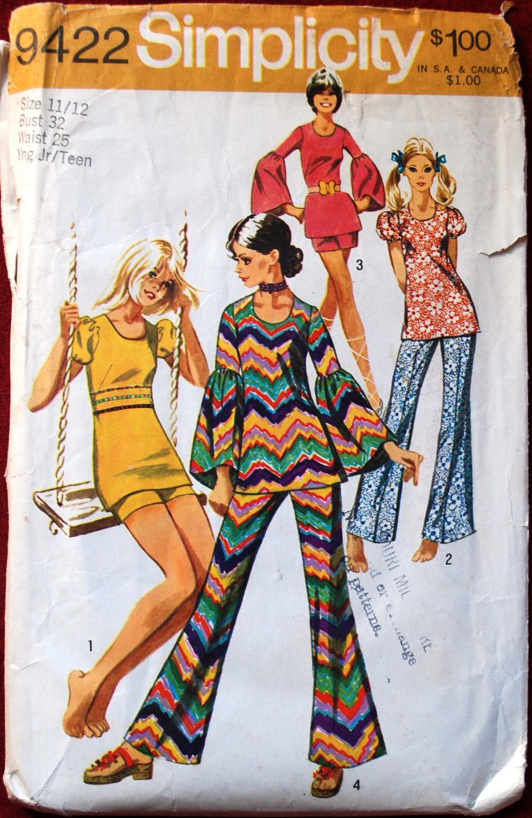 Simplicity 9422 vintage 1971 tunic, shorts, bell bottoms, bust 32
