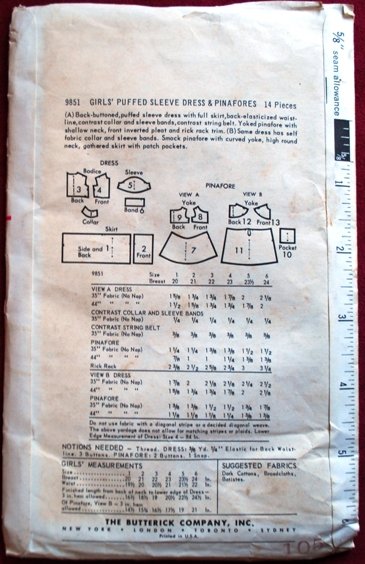 Butterick 9851 vintage 1950s-60s pattern for girls' pinafores dresses ...