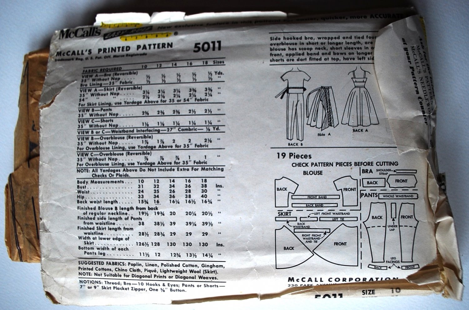 1959 vintage McCall'S 5011 sewing pattern shirt bra overskirt cut bust 31