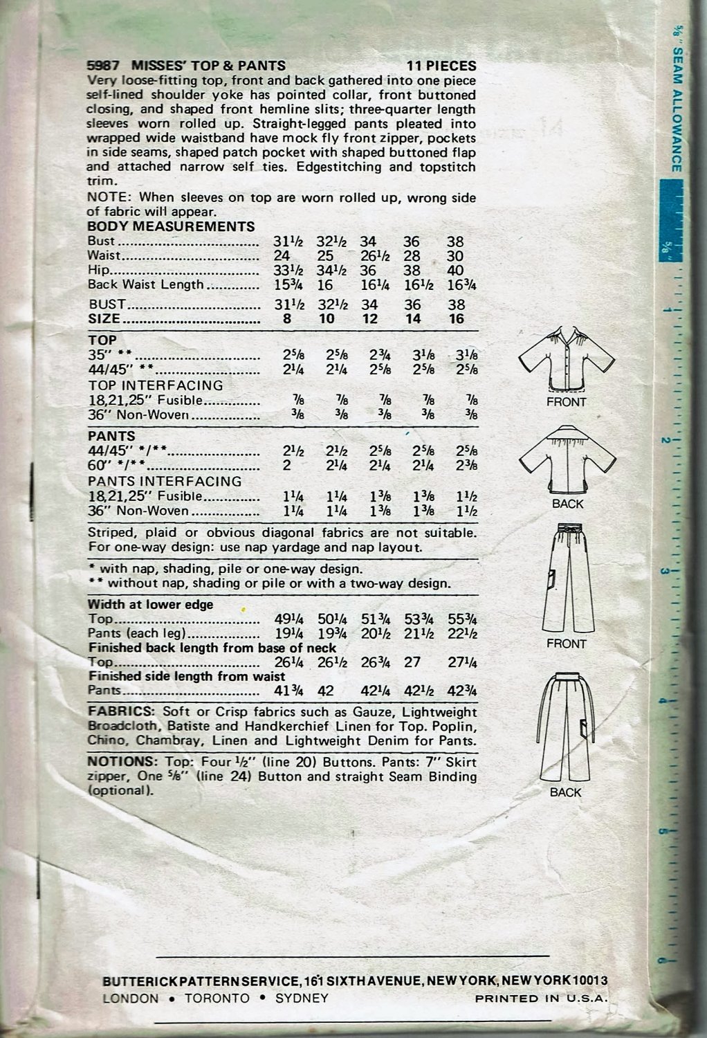 Butterick 5987 Willi Smith misses loose fitting top wrap around pants ...