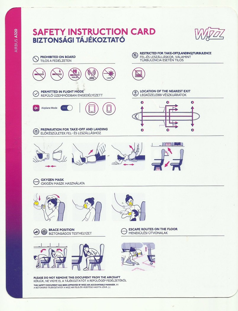 WIZZ AIR HUNGARIAN AIRLINE AIRBUS A320 AIRLINE SAFETY CARD