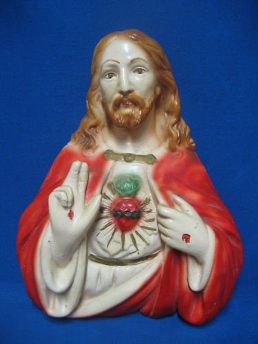 Religious Chalkware Sacred Heart Jesus Wall Sculpture