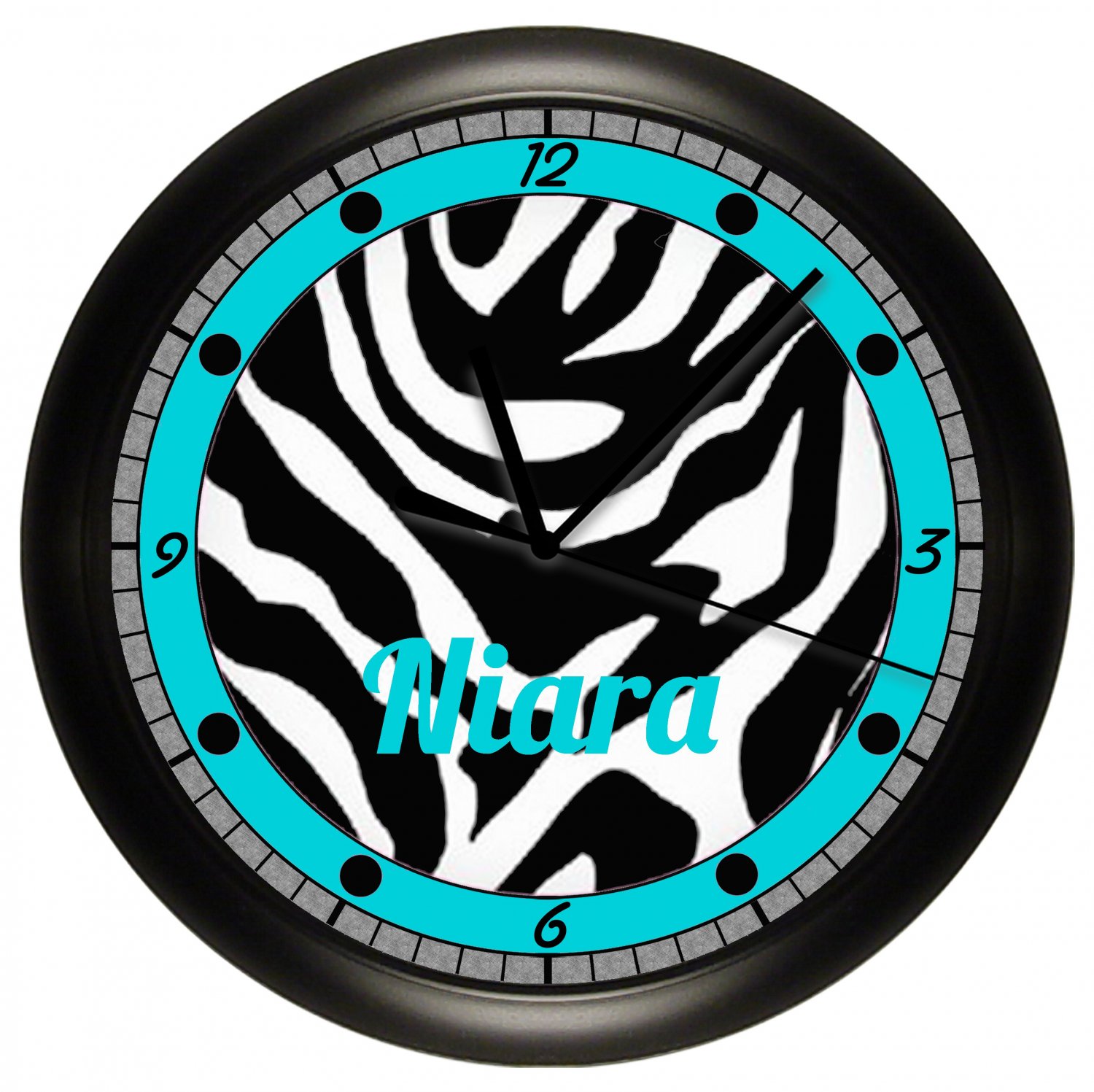 Personalized Turquoise and Black Zebra Print Wall Clock