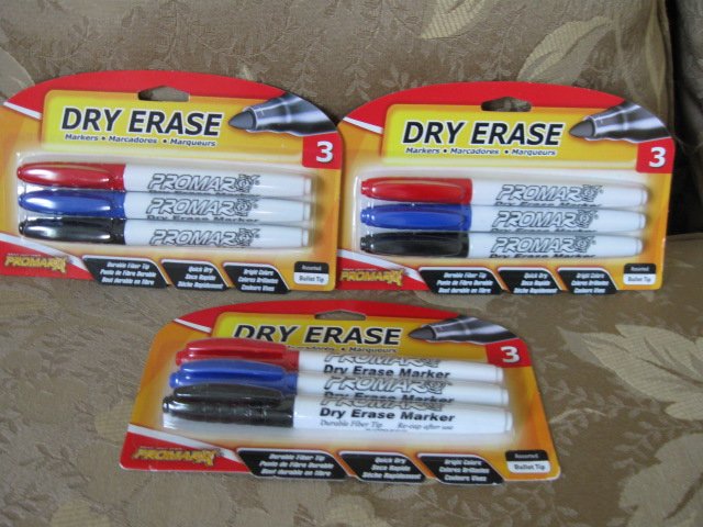 PROMARX DRY ERASE MARKERS 3 PACKAGES OF 3 BULLET TIP RED BLUE BLACK NEW NIP