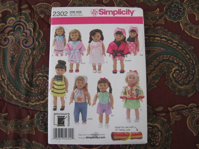 SIMPLICITY 2302 AMERICAN GIRL 18" DOLL CLOTHES SEWING PATTERN ...