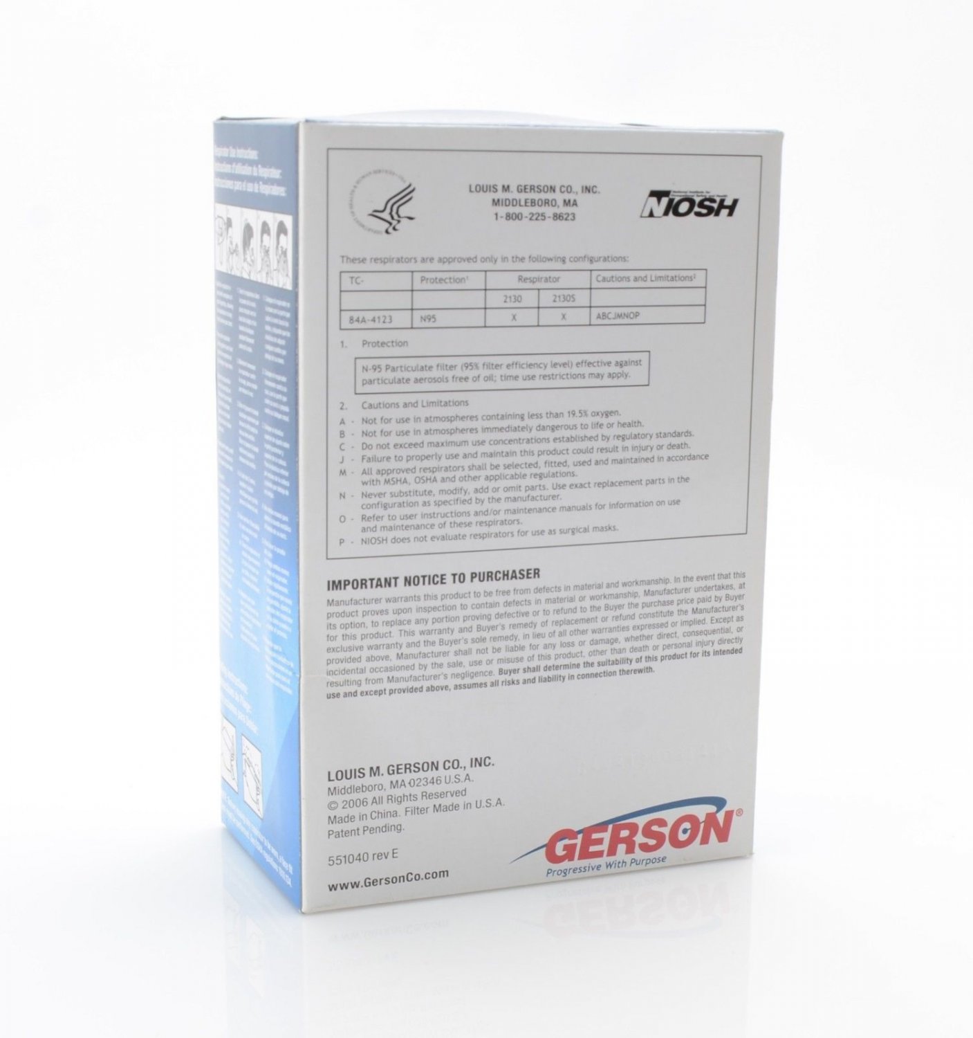 GERSON 2130 N95 RESPIRATOR CUPPED FACE MASK NEW IN BOX OF 20