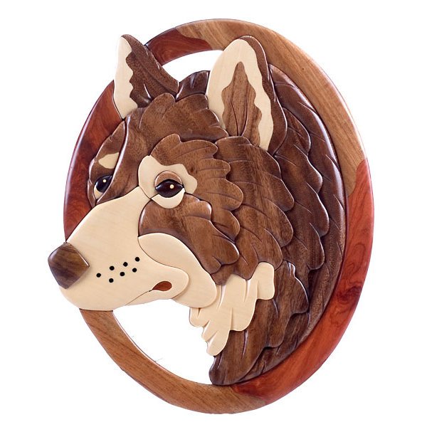 Wood Intarsia Oval Wolf Head Wall Hanging #1272