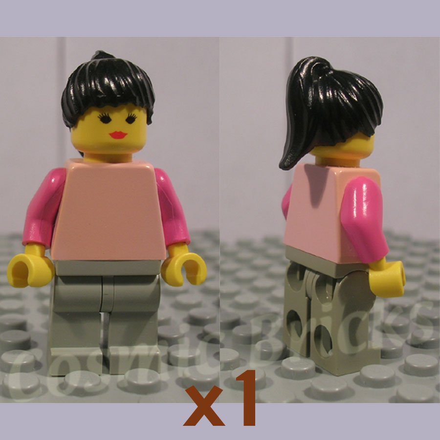 LEGO minifig Pink Torso Dark Pink Arms Black Ponytail (single,U)