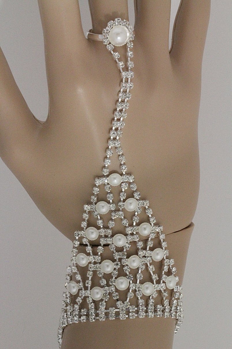 Bridal Hand Chain & Ring Crystals Faux Pearl Bracelet Silver Evening ...