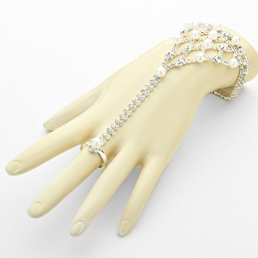 Bridal Hand Chain & Ring Crystals Faux Pearl Bracelet Silver Evening ...