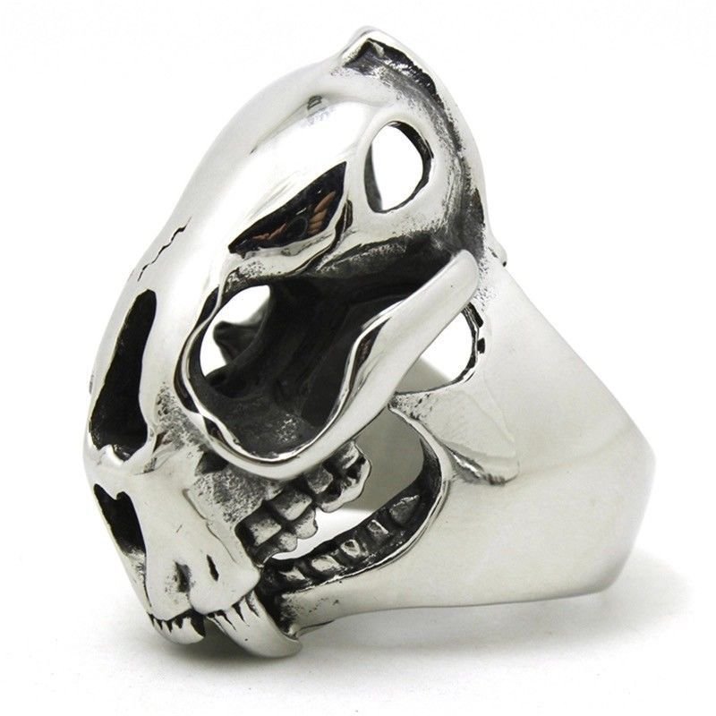 Smilodon Tiger Cat Skull Saber Tooth Mens Statement Ring Silver ...