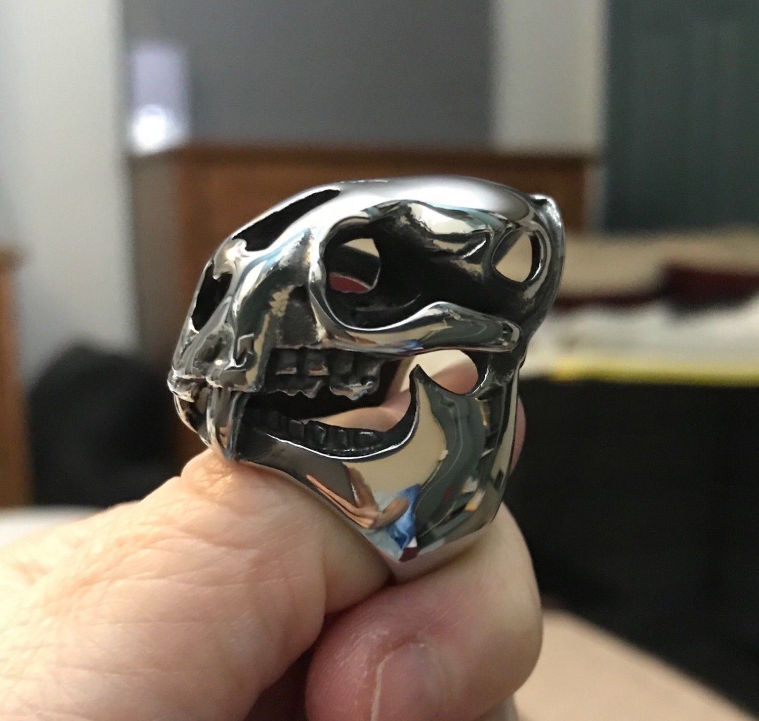 Smilodon Tiger Cat Skull Saber Tooth Mens Statement Ring Silver ...