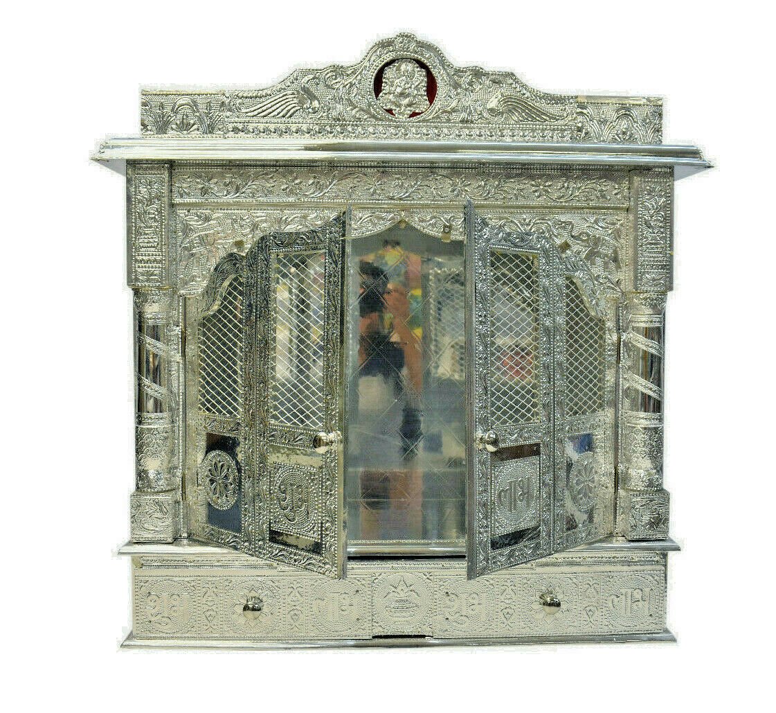 Puja Mandir - Wooden Pooja Temple 25" Pure Silver Color Mandir with Doors