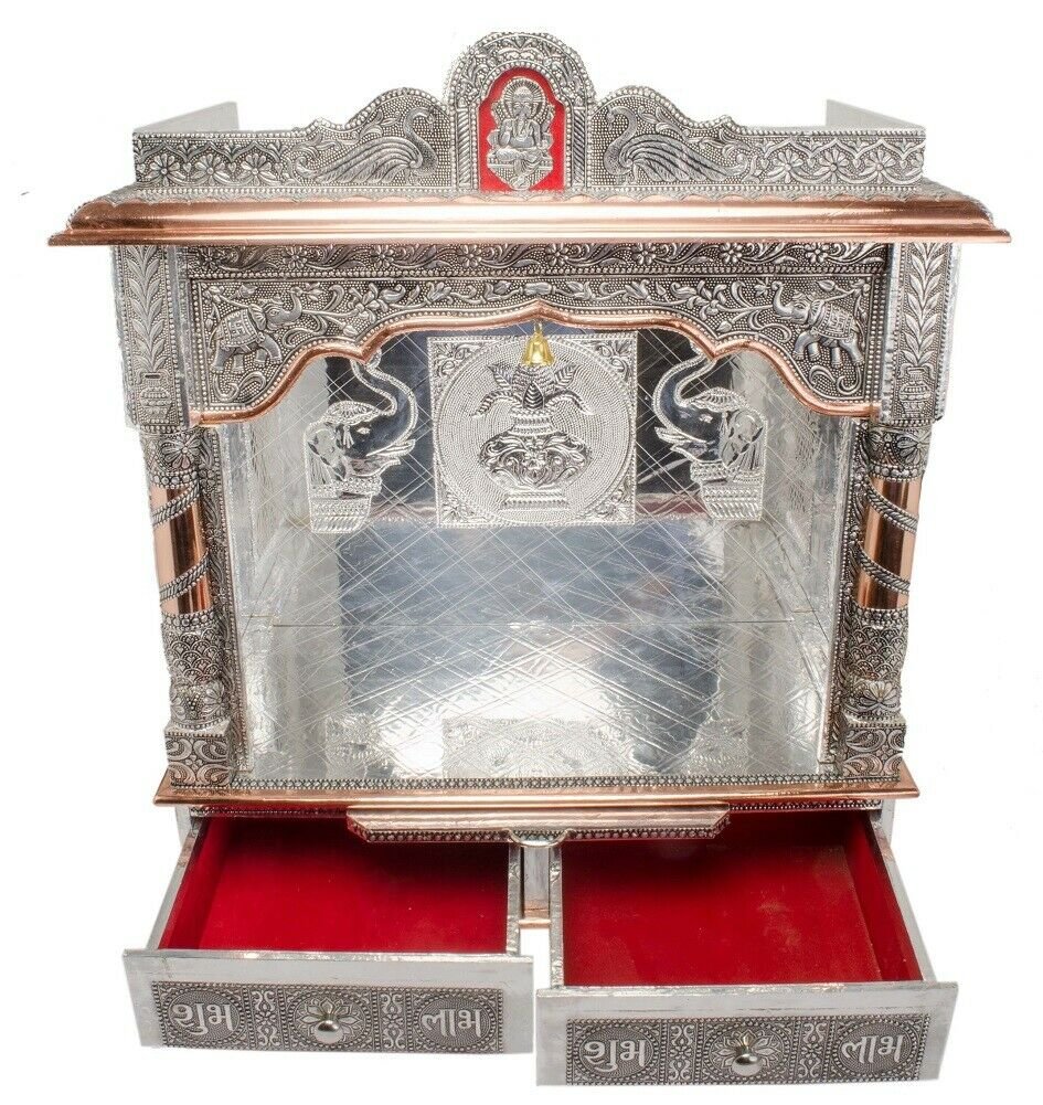 Puja Mandir - Wooden Hindu Temple 25" Oxidized Silver Color Mandir No Door