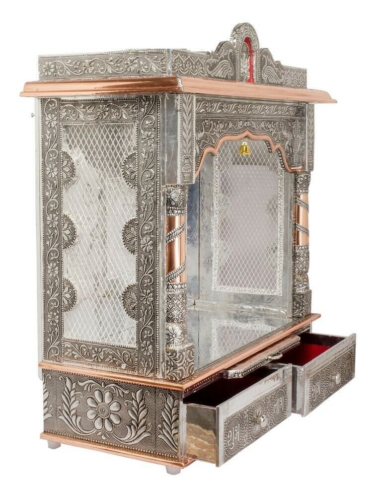 Puja Mandir - Wooden Hindu Temple 25" Oxidized Silver Color Mandir No Door