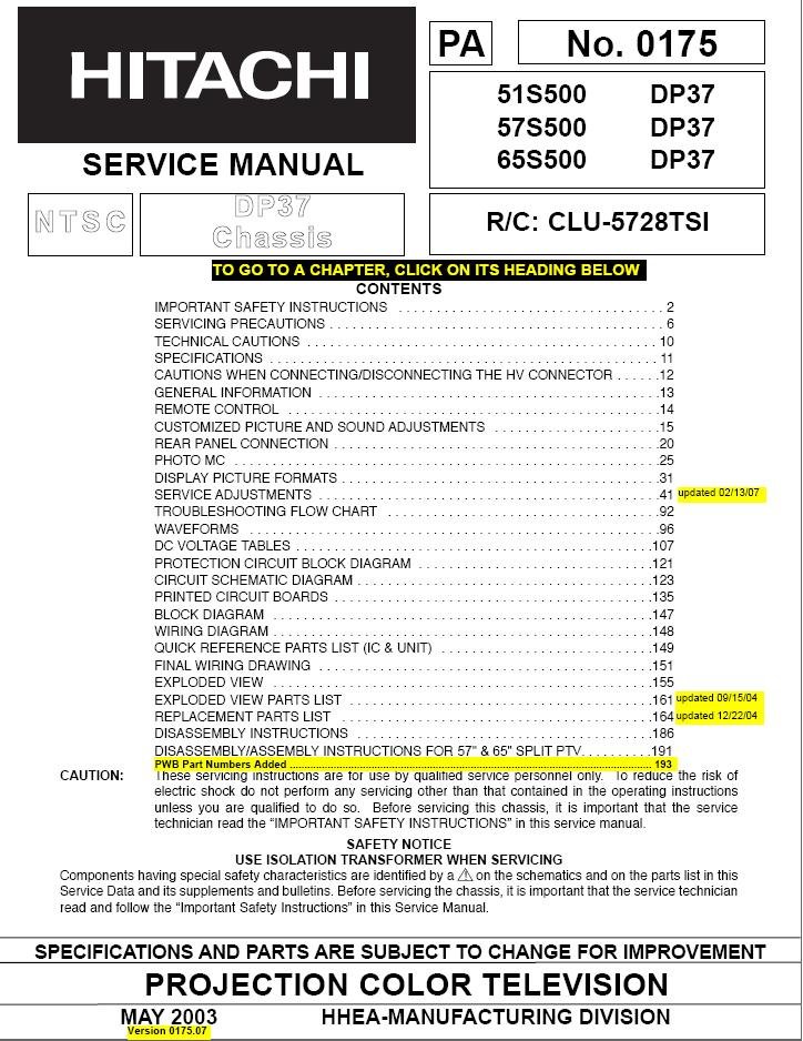HITACHI 51S500 57S500 65S500 TV SERVICE REPAIR MANUAL