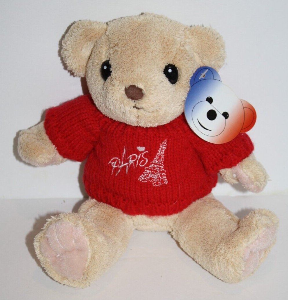 Enesco Teddy Bear Red Paris Sweater Beige Chenille 9" Plush Soft Toy ...