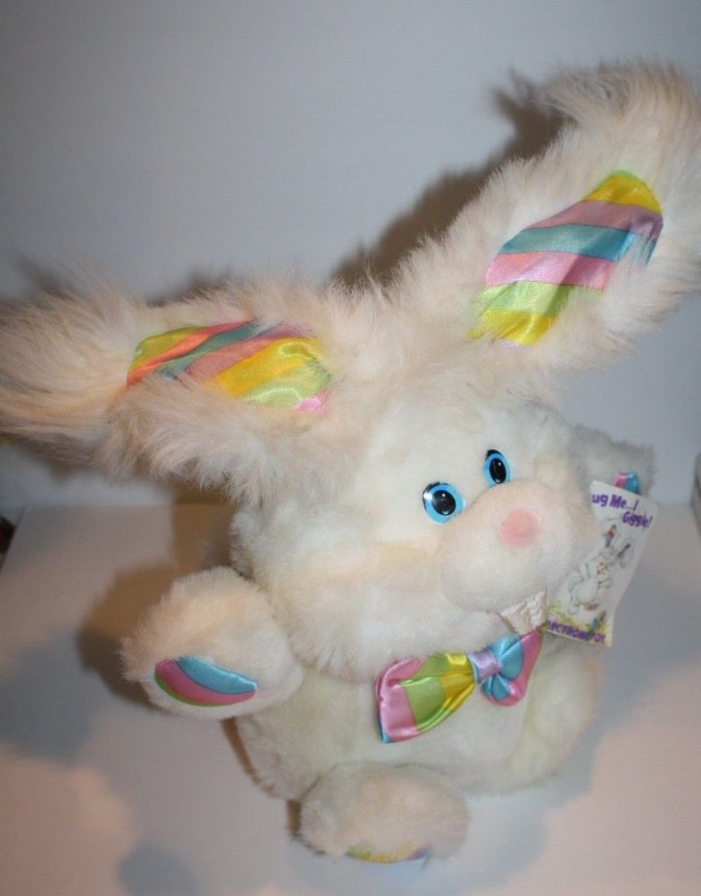 Giggle Bunny Rabbit 12" White Plush Rainbow Stripe Stuffed Toy Vtg 1993 ...