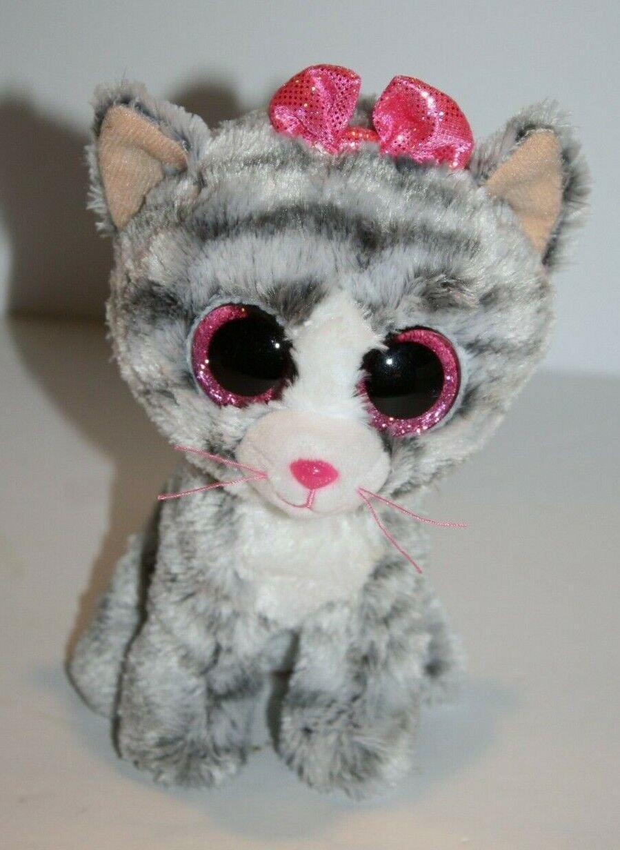Ty Beanie Boos Kiki Cat 6" Pink Glitter Eye Bow Grey Tabby Gray Plush ...