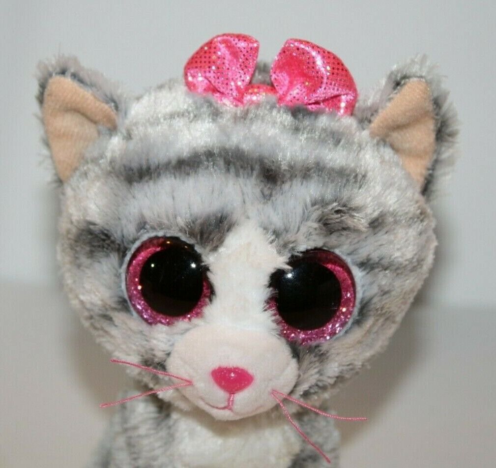Ty Beanie Boos Kiki Cat 6" Pink Glitter Eye Bow Grey Tabby Gray Plush ...