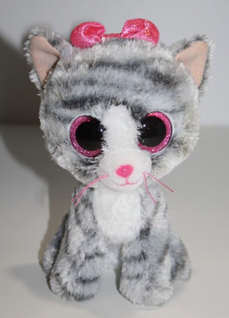 Ty Beanie Boos Kiki Gray Tabby Cat Pink Glitter Eyes Small 6" Soft Toy ...