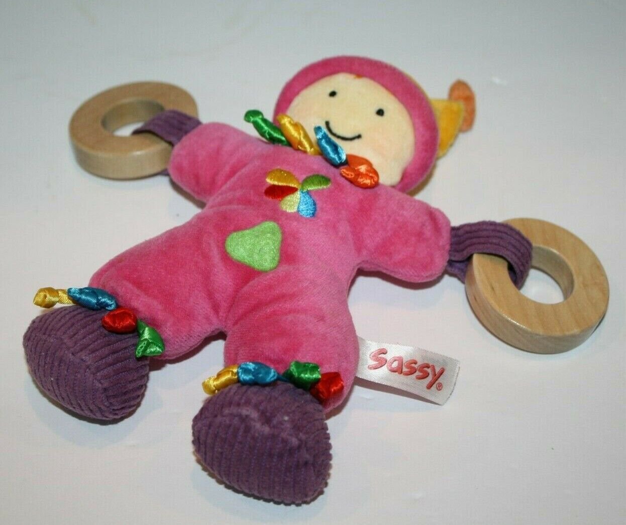 Sassy Wood Ring Clown Teething Soft Toy Baby Doll 7" Pink Knotted ...
