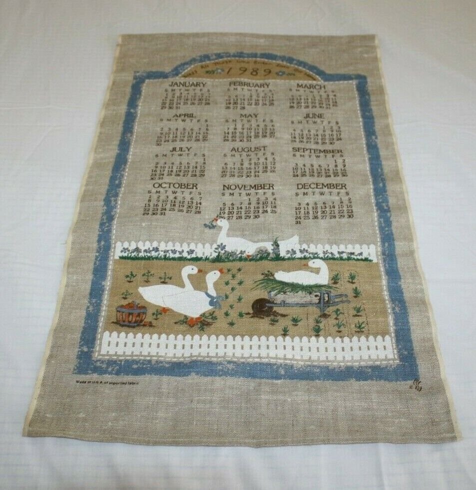 1989 Calendar Cloth Ducks Geese Kitchen Tea Towel Vtg Bless All Who ...