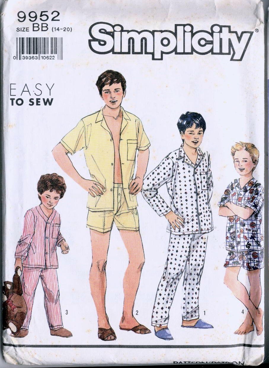 Teen Boys Pajama Shorts, Pants, Top size 14 - 20 Simplicity 9952