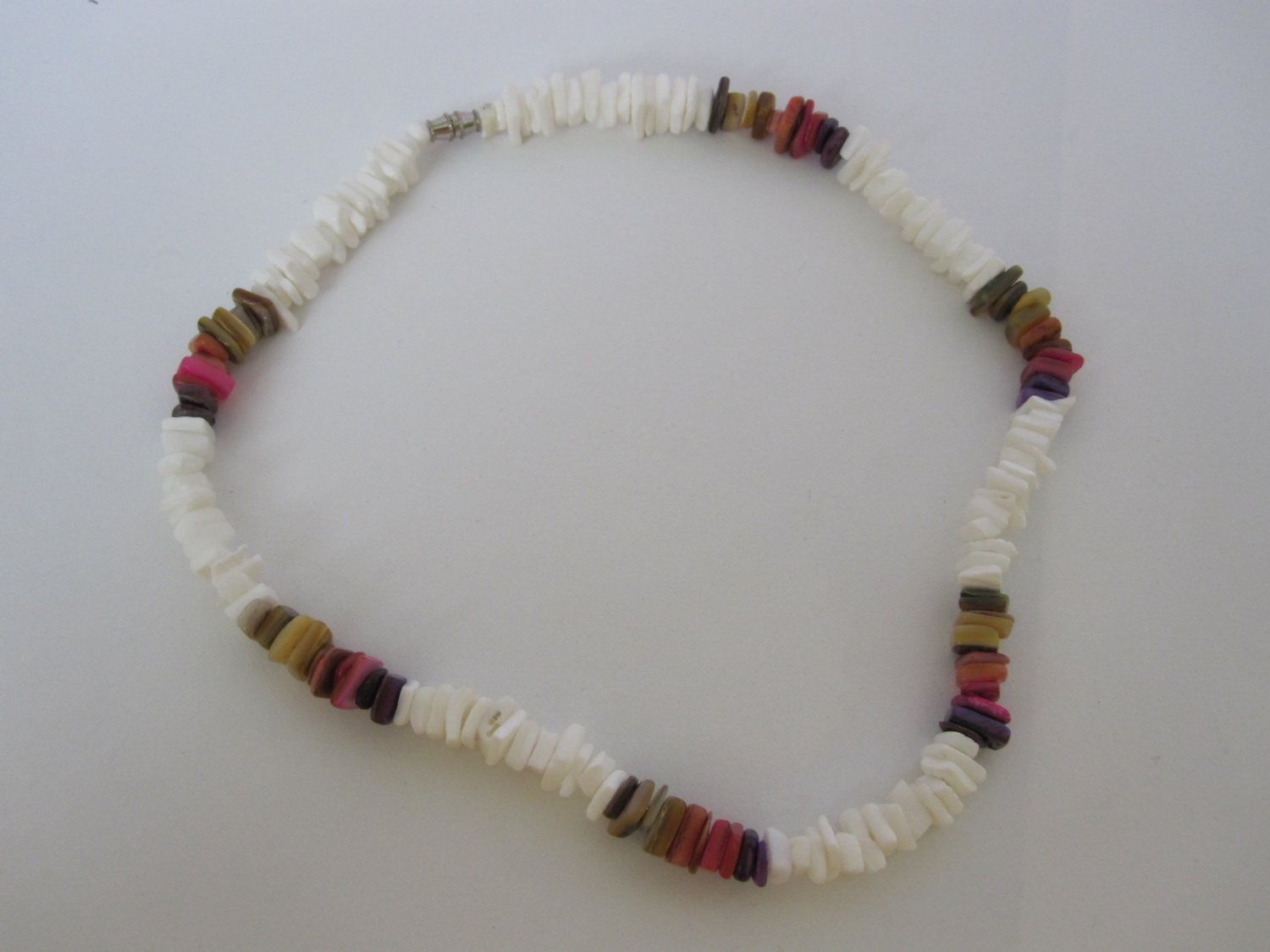 White Square Cut Puka Shell Necklace with Multicolor Accent Shells