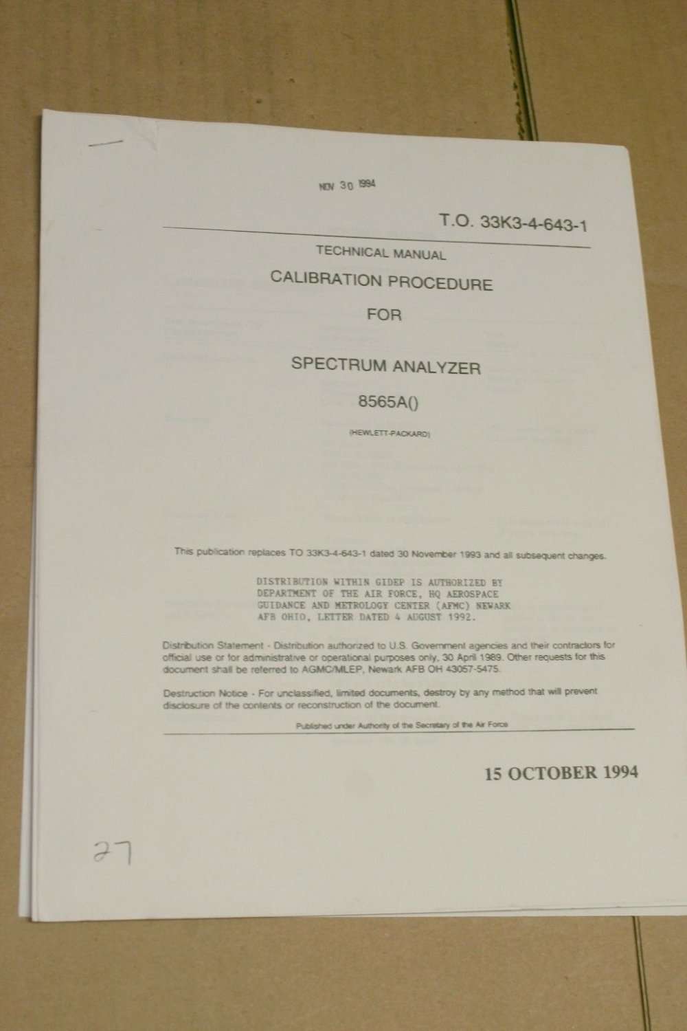 HP Calibration Procedure for Spectrum Analyzer 8565A Tech Manual