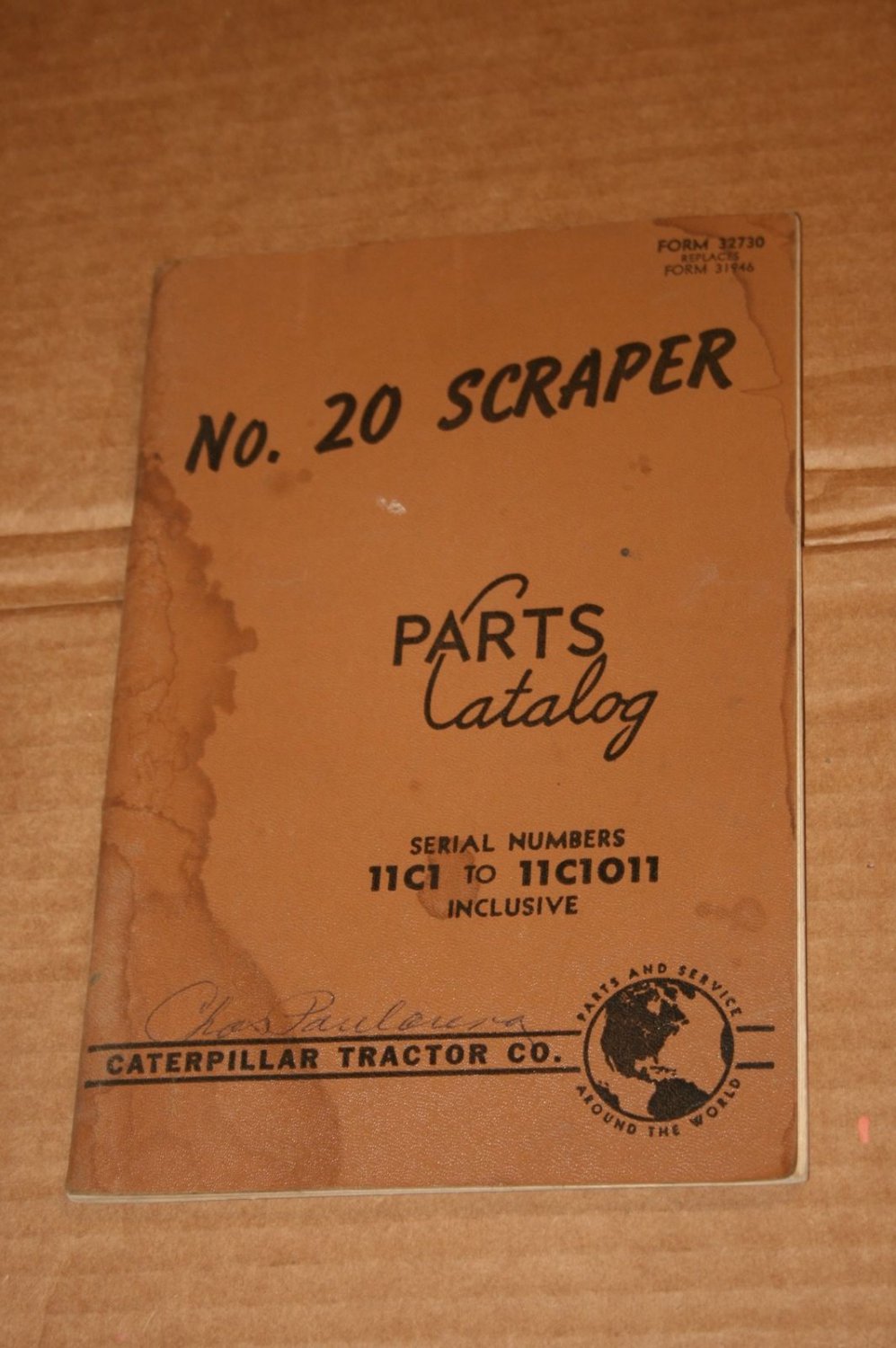 CAT Caterpellar No. 20 Scraper Parts Cataalog Ser Nos 11C1 to 11C1011