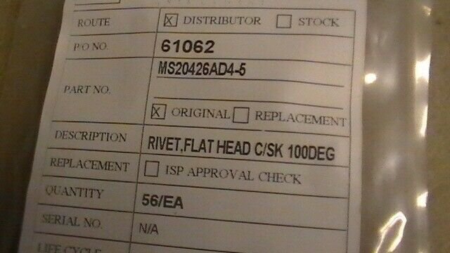 Lot of 56 MS20426 Countersunk 100° Solid Aircraft Rivets MS20426AD4-5