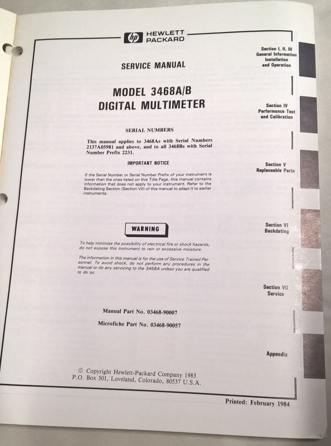 Hewlett Packard Digital Multimeter 3468 A/B Service Manual