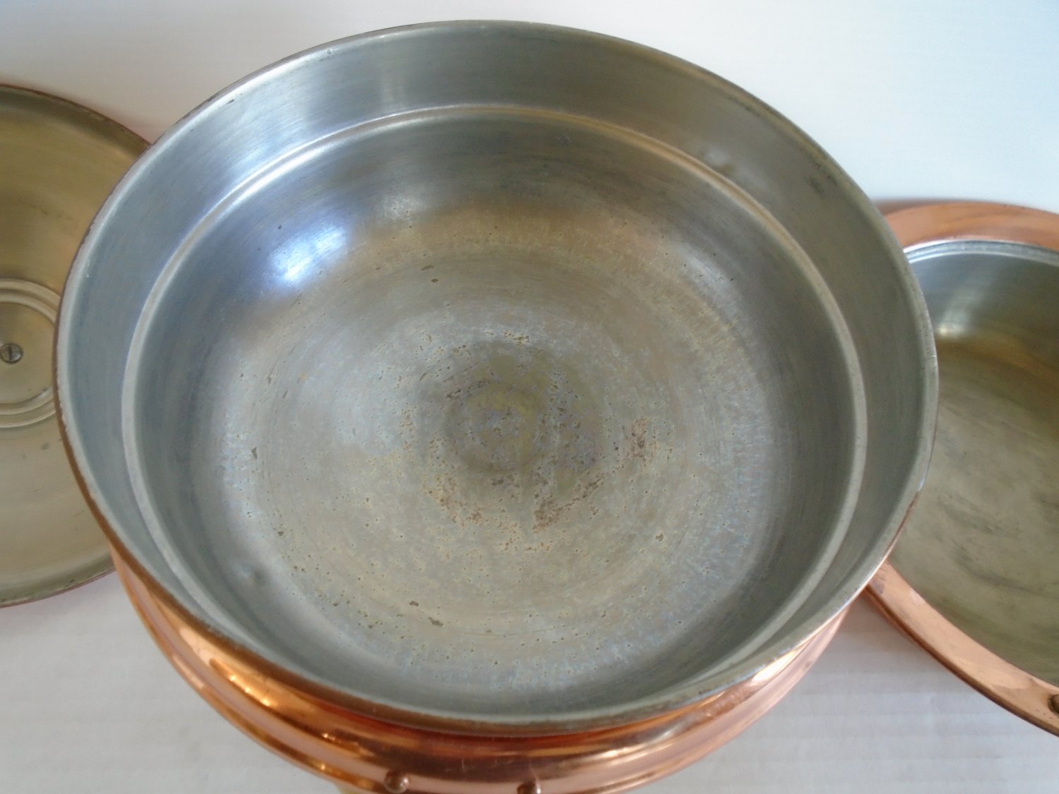 Vtg 4 pc COPPER/ BRASS ALUMINUM CHAFING Dish Double Broiler Pot Pan JAPAN
