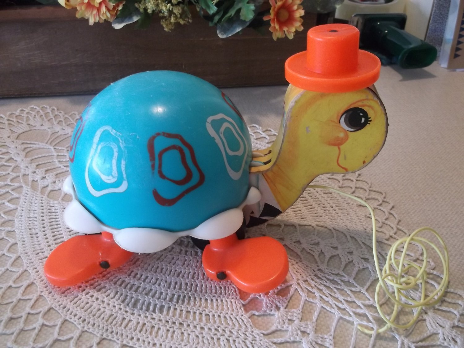 Vintage 1962 Fisher Price Tip Toe Turtle Pull Toy All Original VGUC