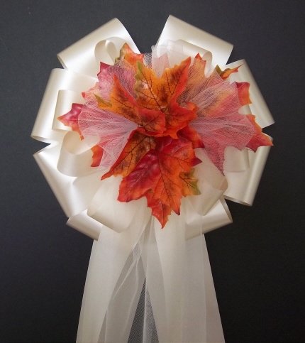 IVORY Ribbon w/Fall Autumn Leafs/Leaves Pew Bows - Wedding Decorations