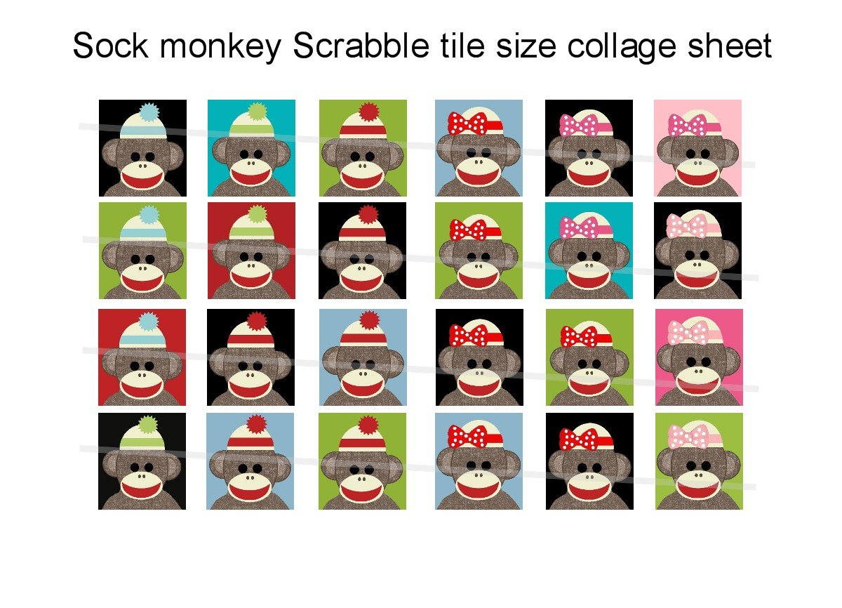 Sock Monkeys scrabble tile size 4x6 digital collage sheet