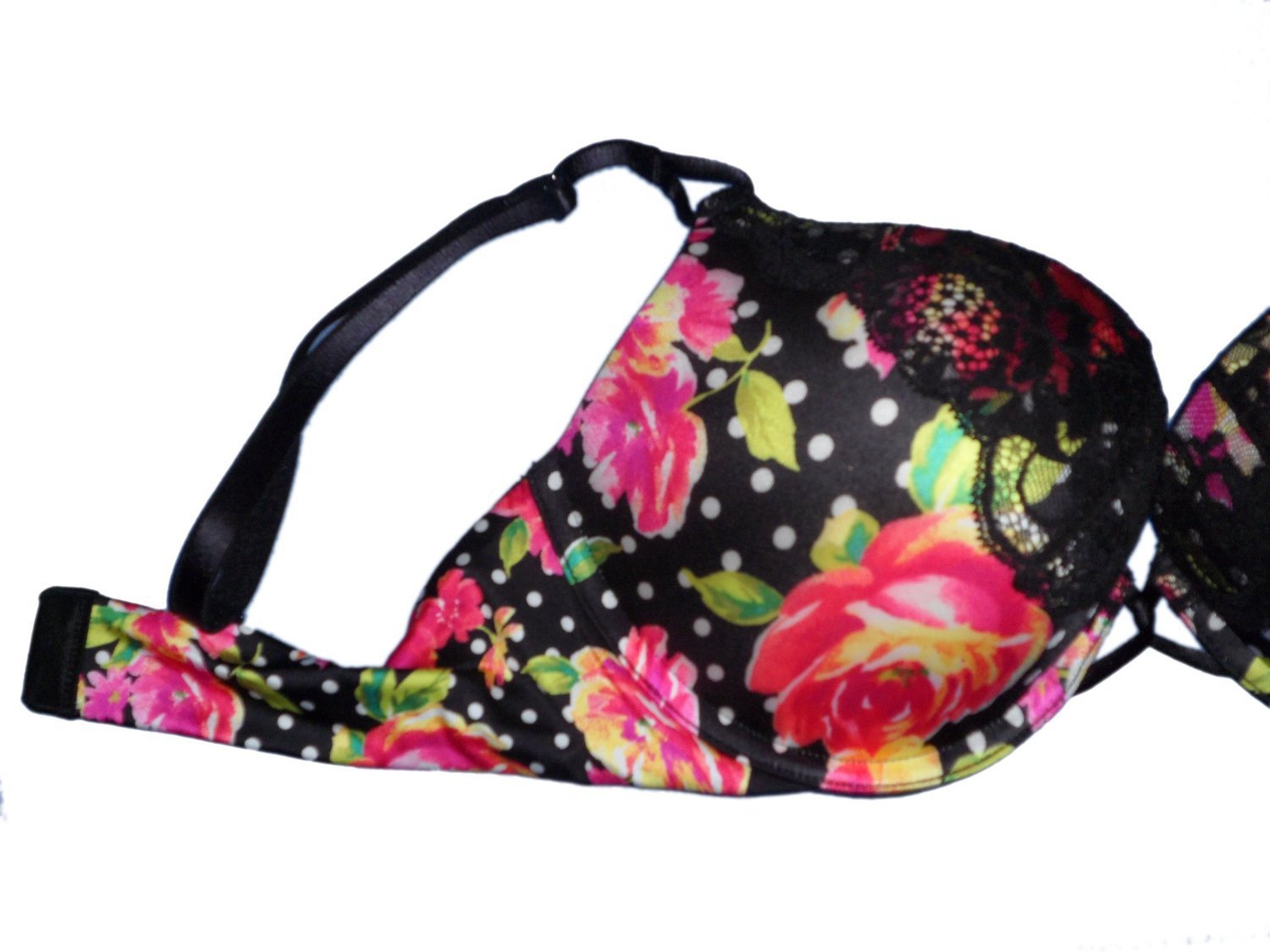 VICTORIA'S SECRET BOMBSHELL PLUNGE BRA 38C BLACK FLORAL ADDS 2 CUP