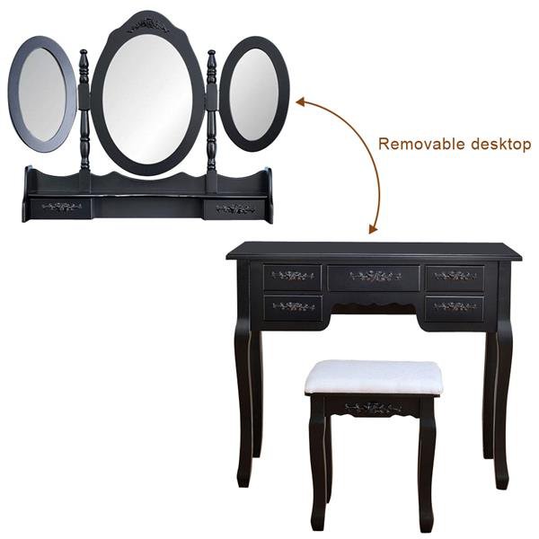 Foldable 3 Mirrors with 7 Drawers Dressing Table Black
